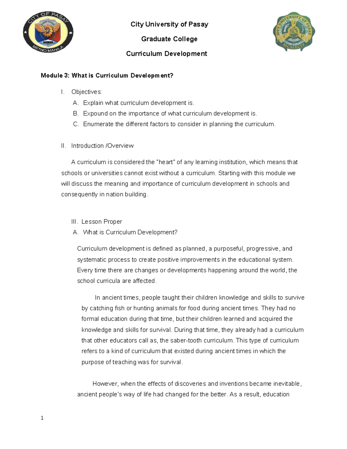 Module 3 What is Curriculum Development - A City University of Pasay ...