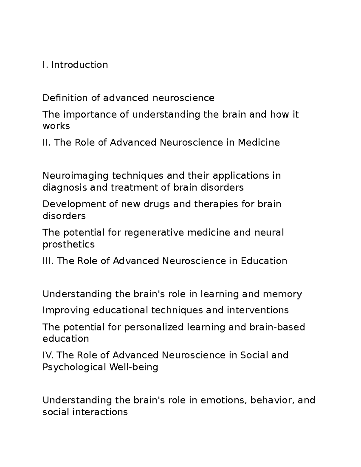 Document 1 - I. Introduction Definition of advanced neuroscience The ...