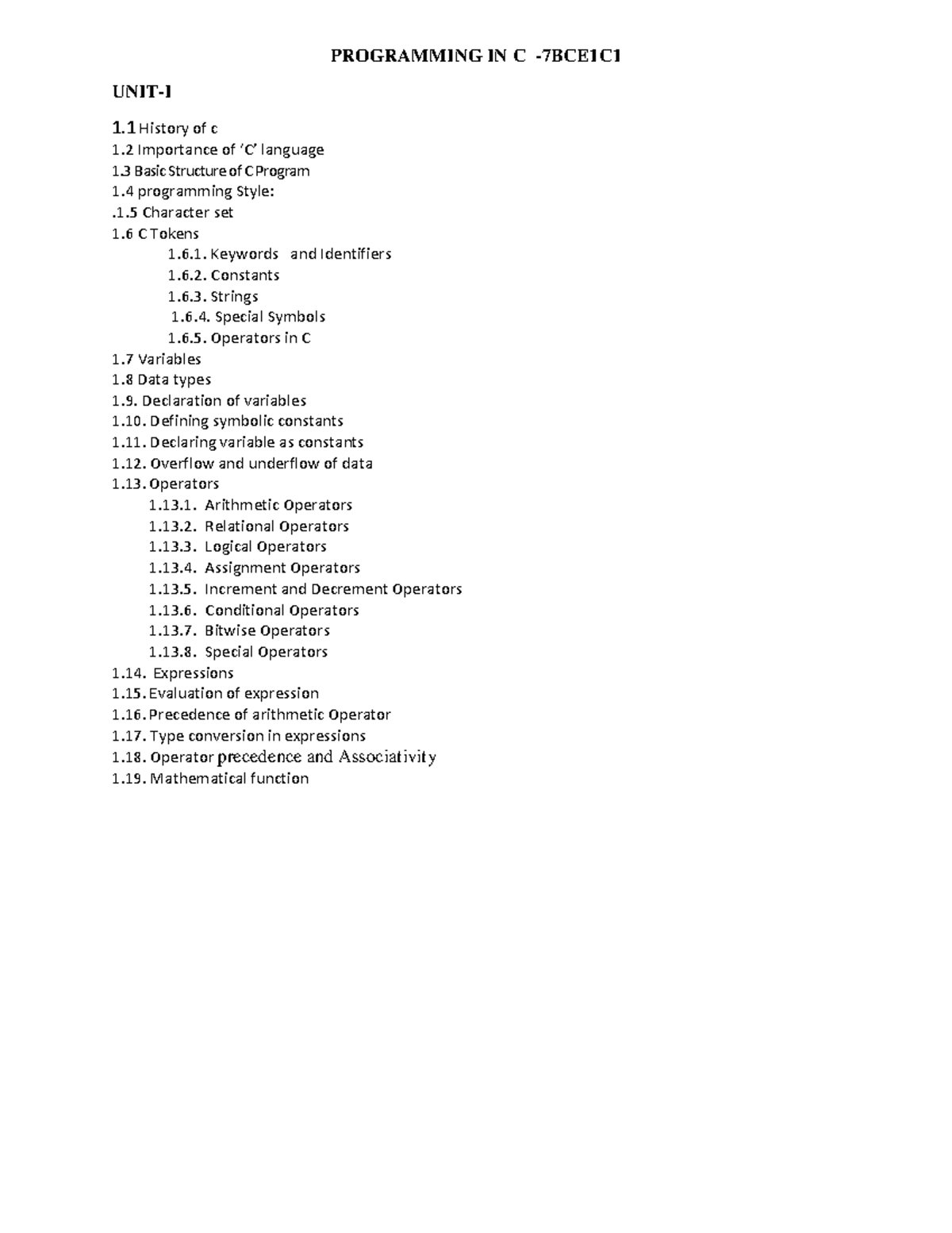 Programming In C PROGRAMMING IN C 7BCE1C UNIT I 1 History Of C 1