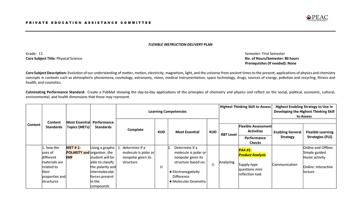 Part 2. Sample FIDP - FLEXIBLE INSTRUCTION DELIVERY PLAN Grade: 11 ...