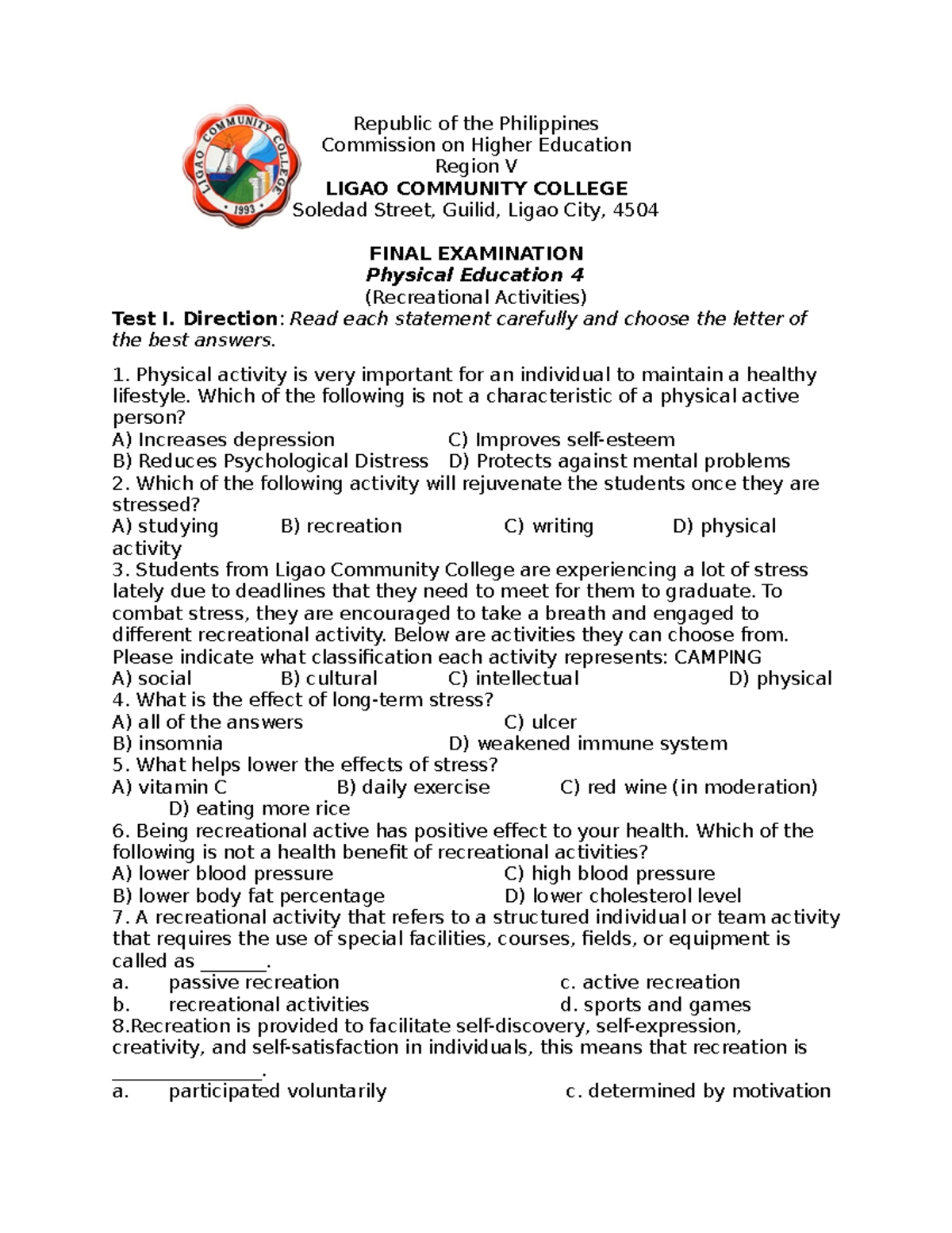 Final EXAM PE 4 - sample only - Republic of the Philippines Commission ...