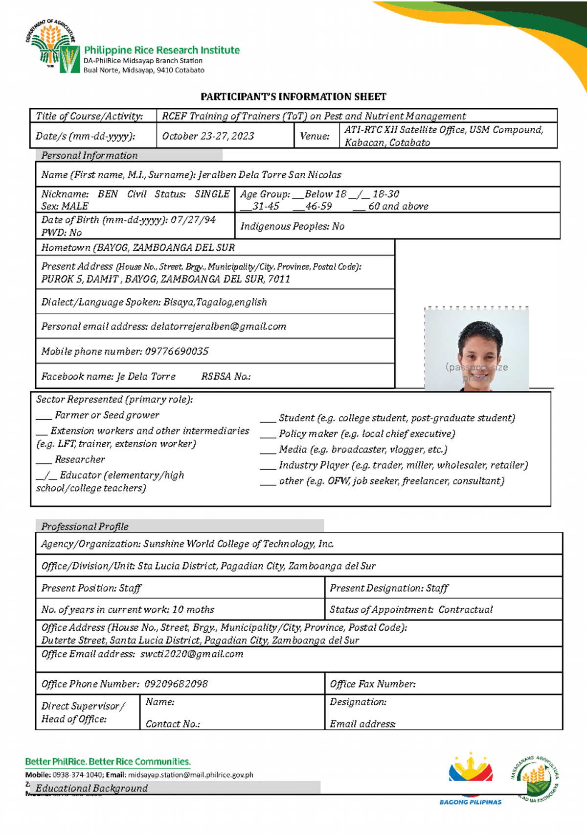 Phil Rice Info Sheet Jeralben San Nicolas - PARTICIPANT’S INFORMATION ...