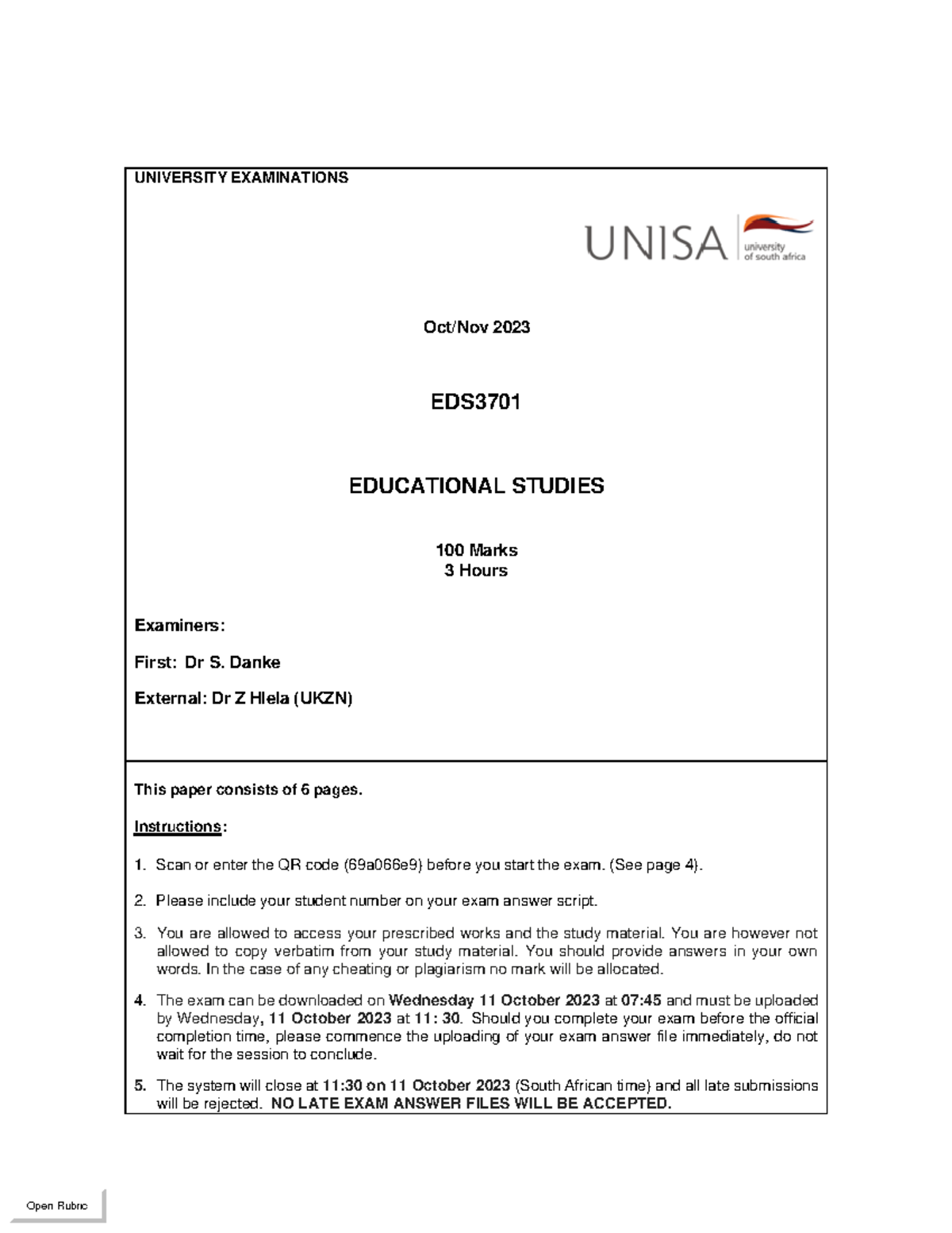 EDS3701 OCT NOV 2023 - UNIVERSITY EXAMINATIONS Oct/Nov 2023 EDS ...