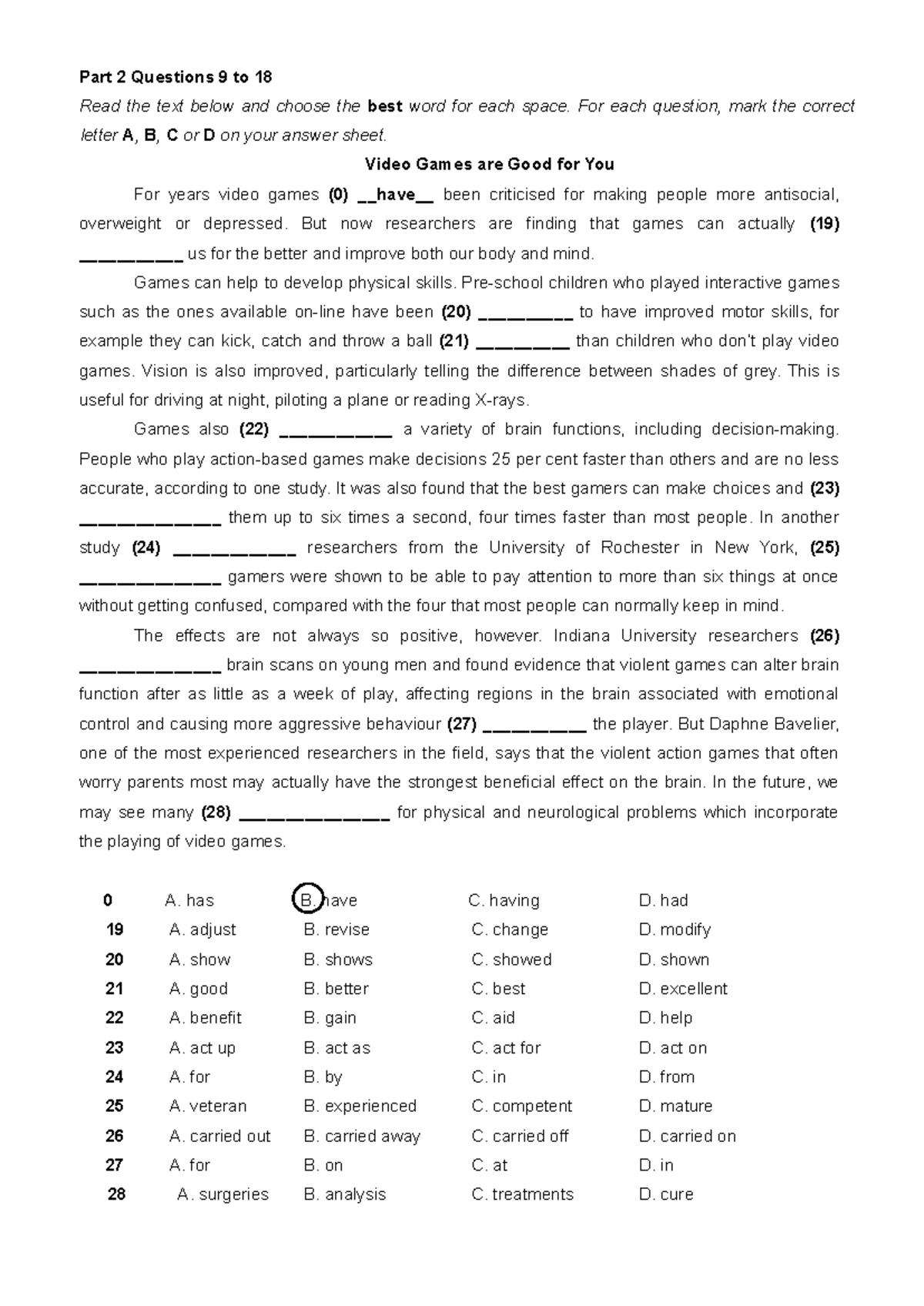 Grammar Practice - Part 2 Questions 9 to 18 Read the text below and ...