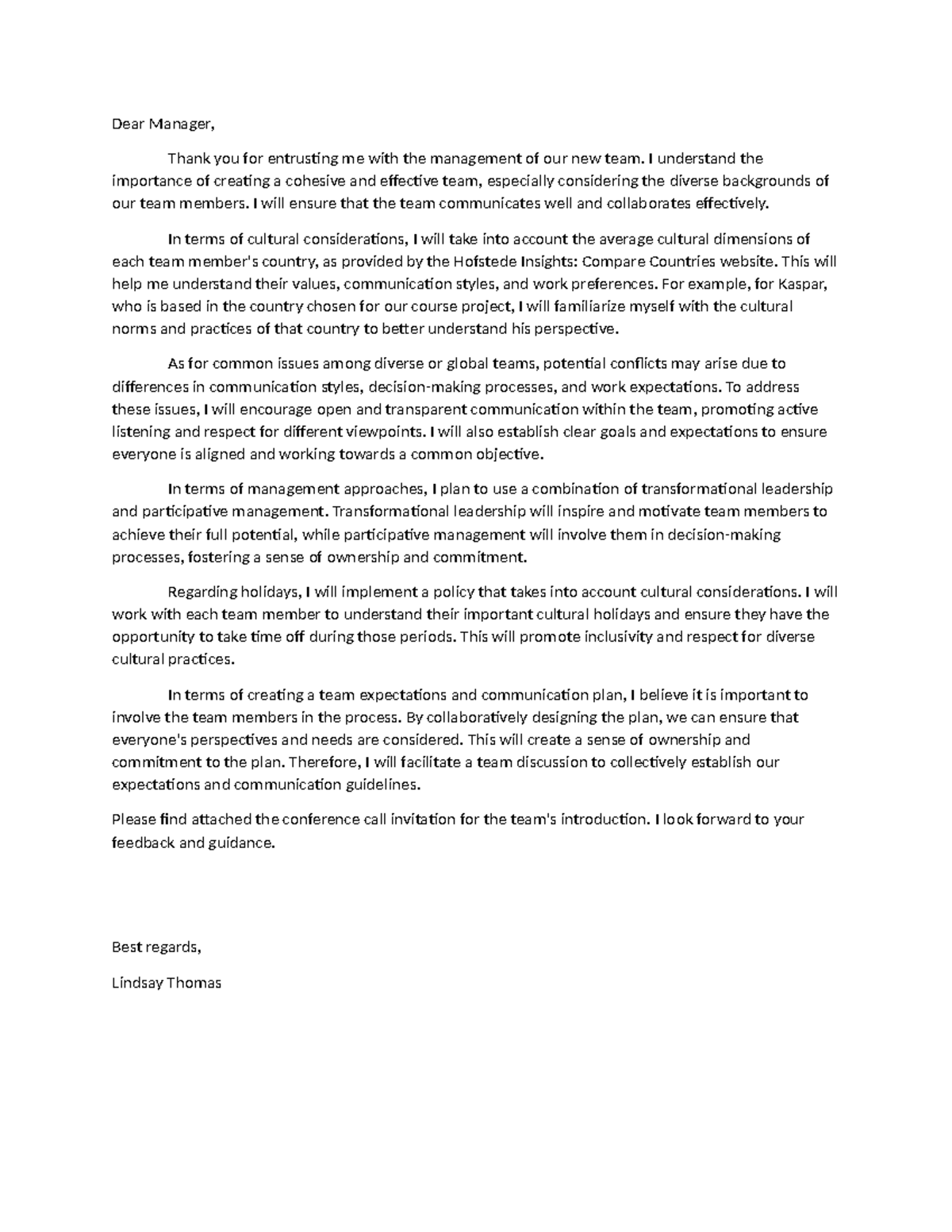 Email to Manager 6-1 assignment with conference call - Dear Manager ...