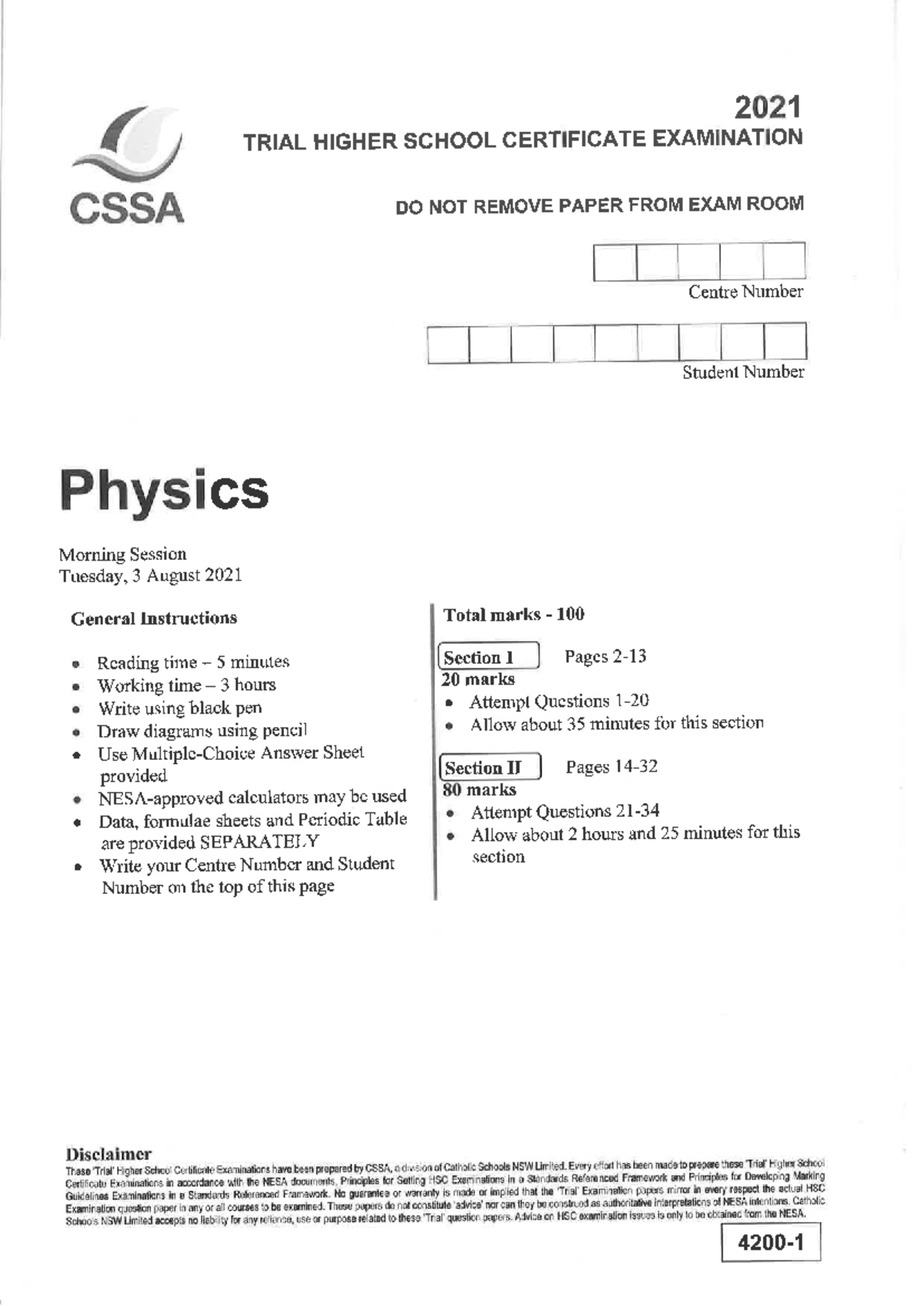 CSSA Physics 2021 - CSSA - 2021 TRIAL HIGHER SCHOOL CERTIFICATE EXAMINATION CSSA DO NOT REMOVE ...