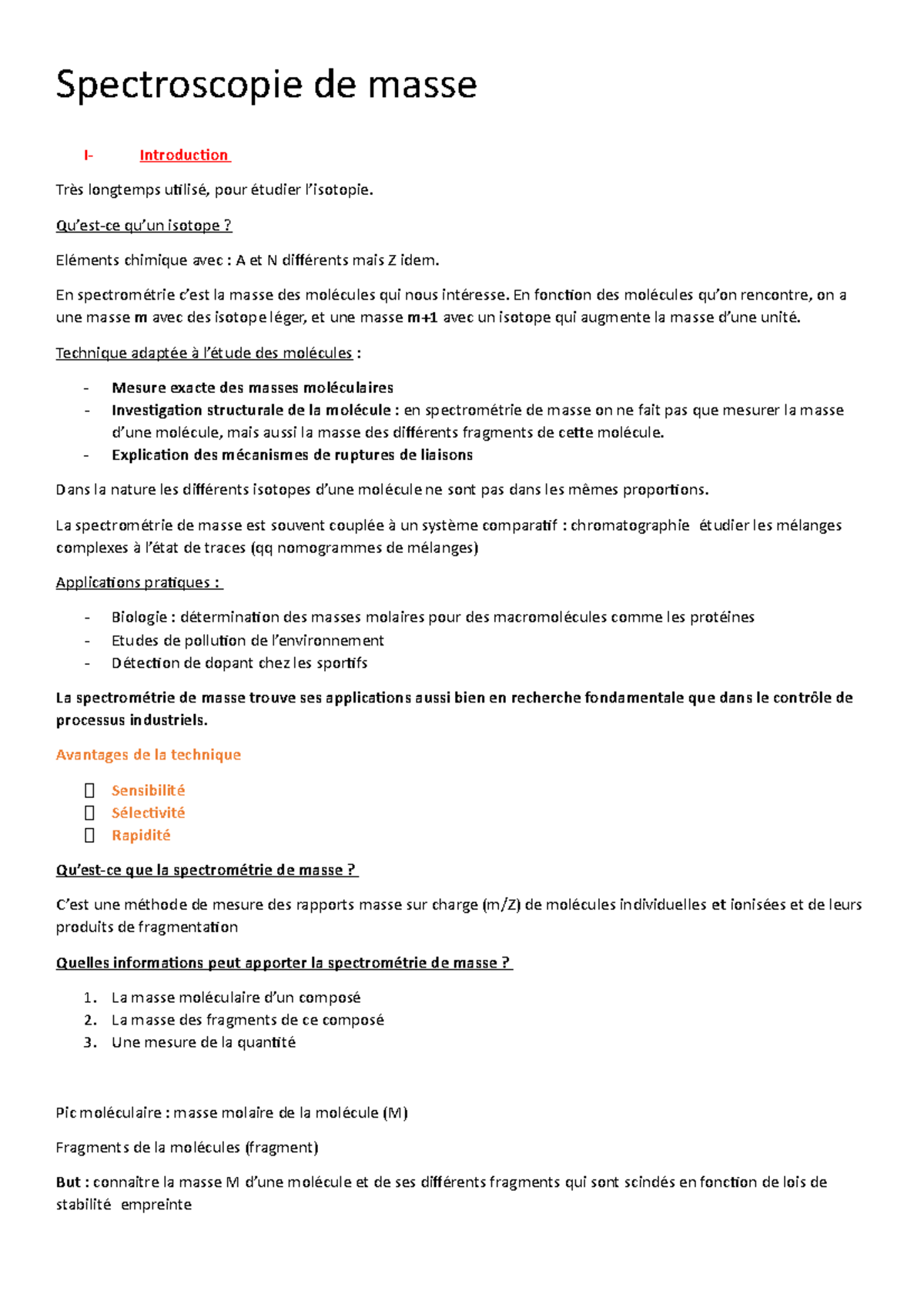 1. Spectroscopie de masse - Spectroscopie de masse I- Introduction Très ...