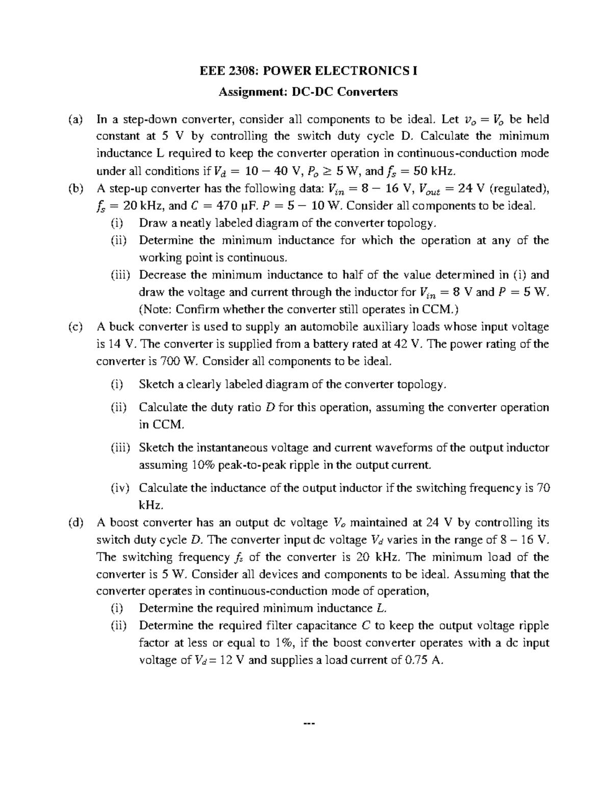 Dcdc converter assign - practice questions - EEE 2308: POWER ELECTRONICS I Assignment: DC-DC ...