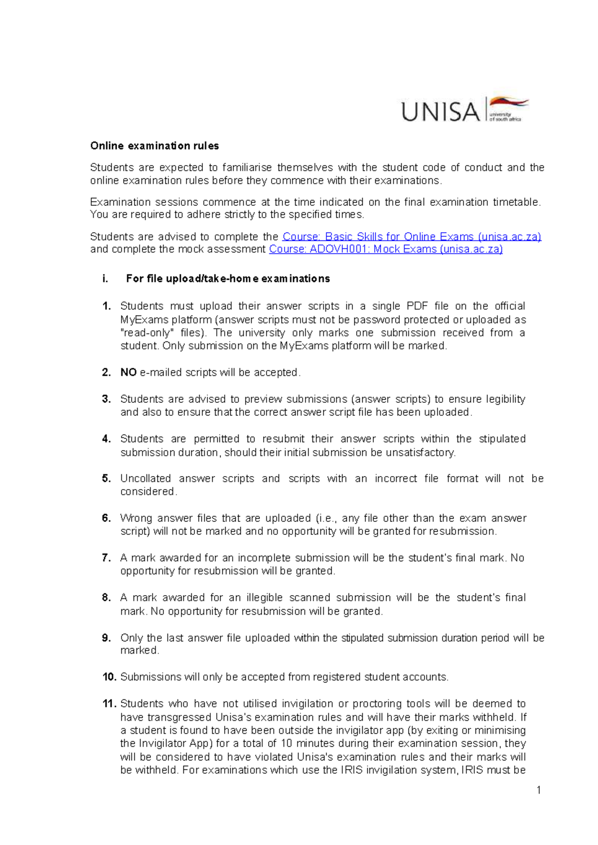 Unisa. Oct Nov 2023 Online Examination rules - Online examination rules ...