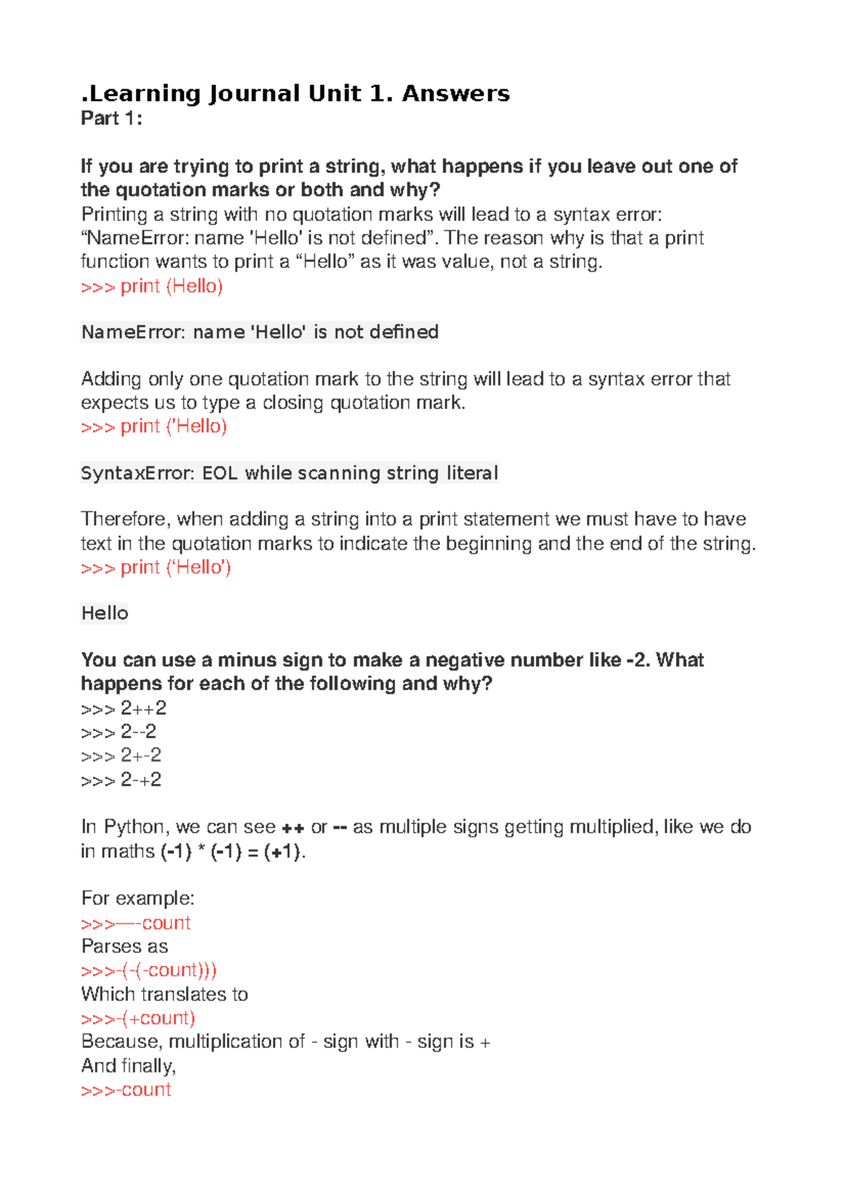 Learning Journal Unit 1 - Answers. Part 1: If you are trying to print a ...