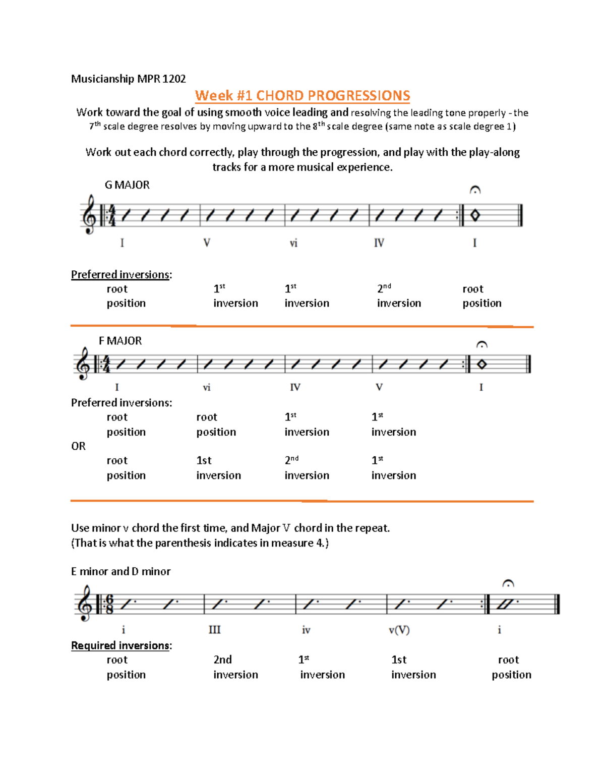 O 2108Week1progressions - Musicianship MPR 1202 Week #1 CHORD ...