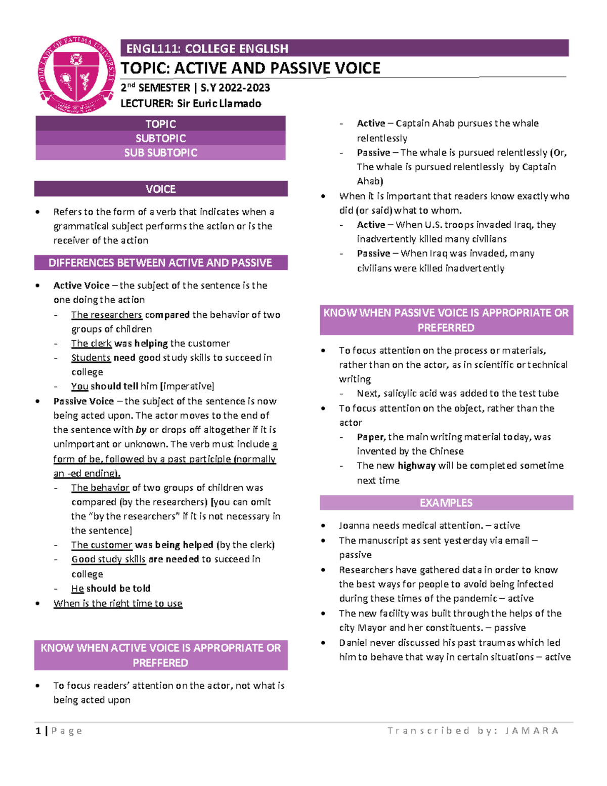 Lesson 2 - Active AND Passive Voice - 1 | P a g e T r a n s c r i b e d ...