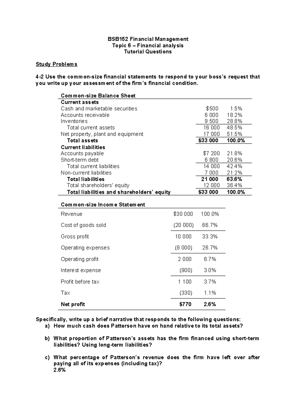 Tutorial 6 Questions - BSB152 Financial Management Topic 6 – Financial ...