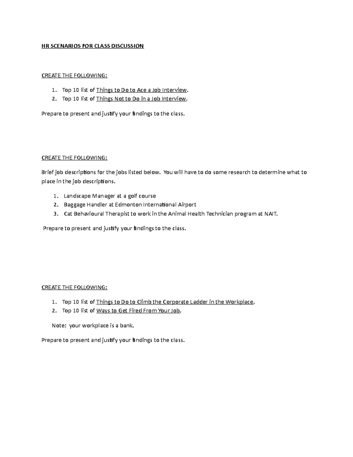 HR exercises - human resources - HR SCENARIOS FOR CLASS DISCUSSION ...