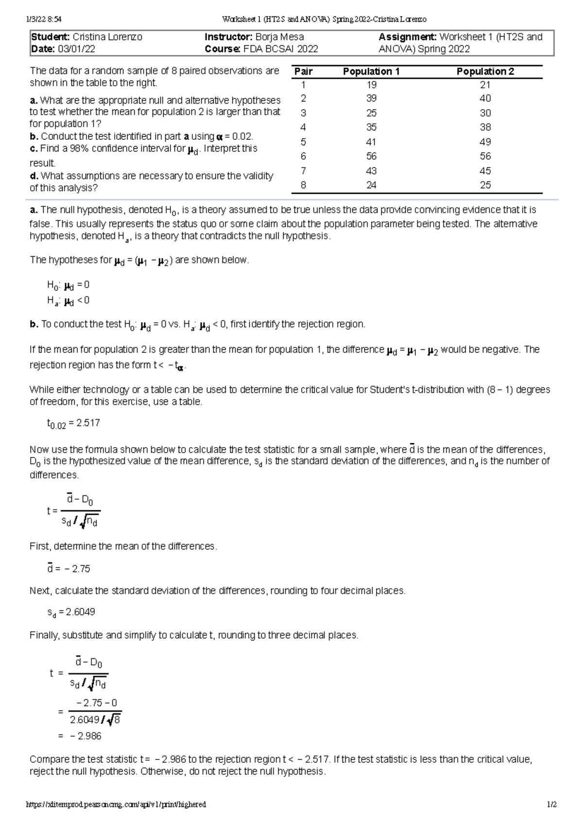 1. random sample Ho=0 - Data Analysis - Studocu