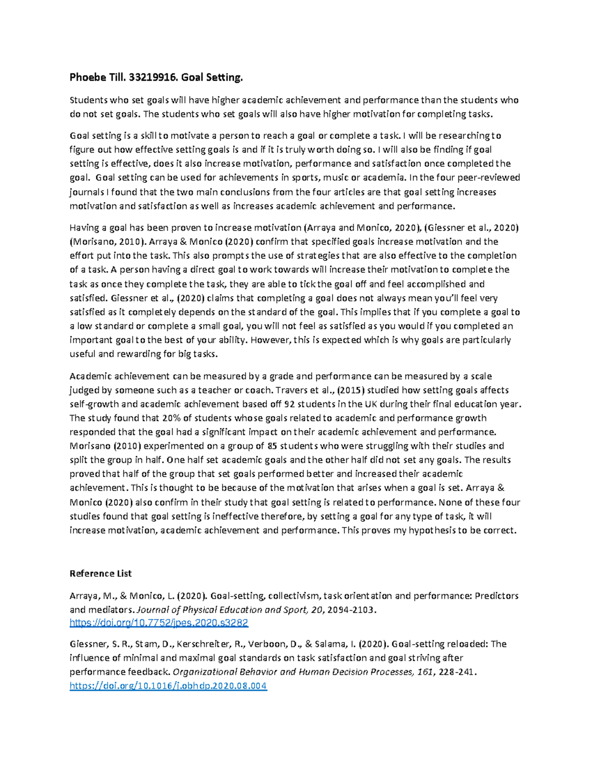 Research Assignment - Phoebe Till. 33219916. Goal Setting. Students who ...