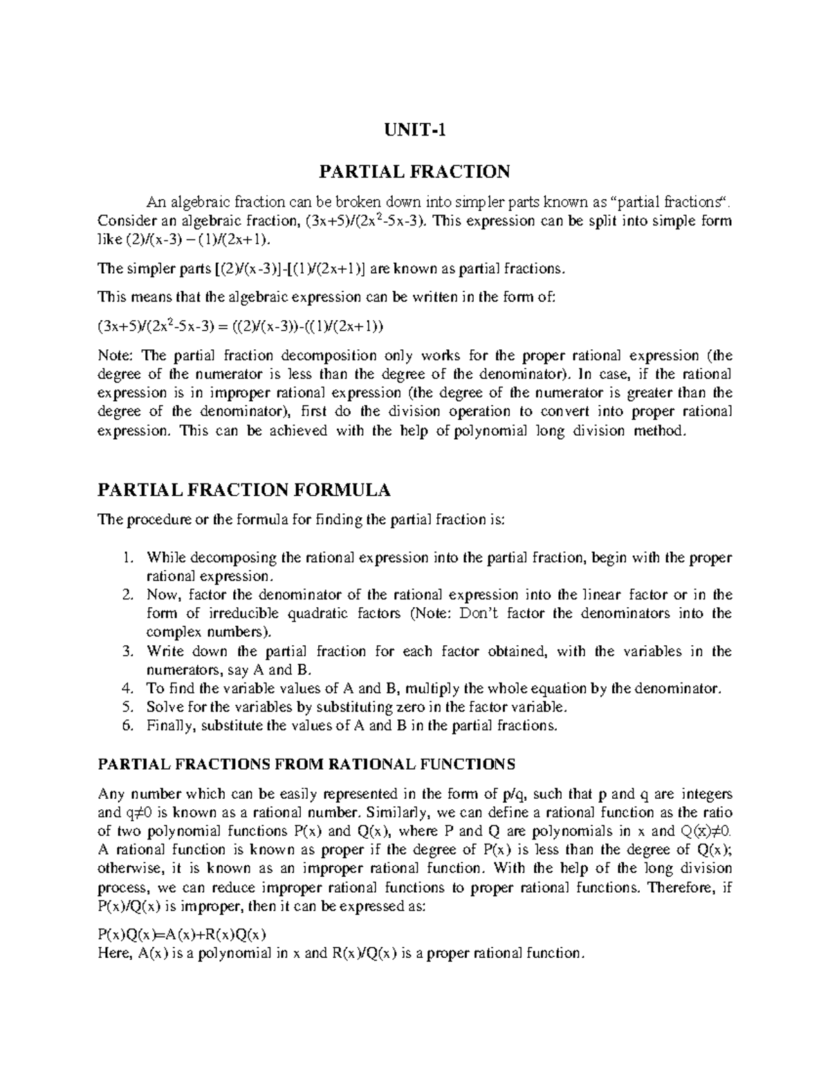 Partial Fraction Notes - UNIT- PARTIAL FRACTION An algebraic fraction ...