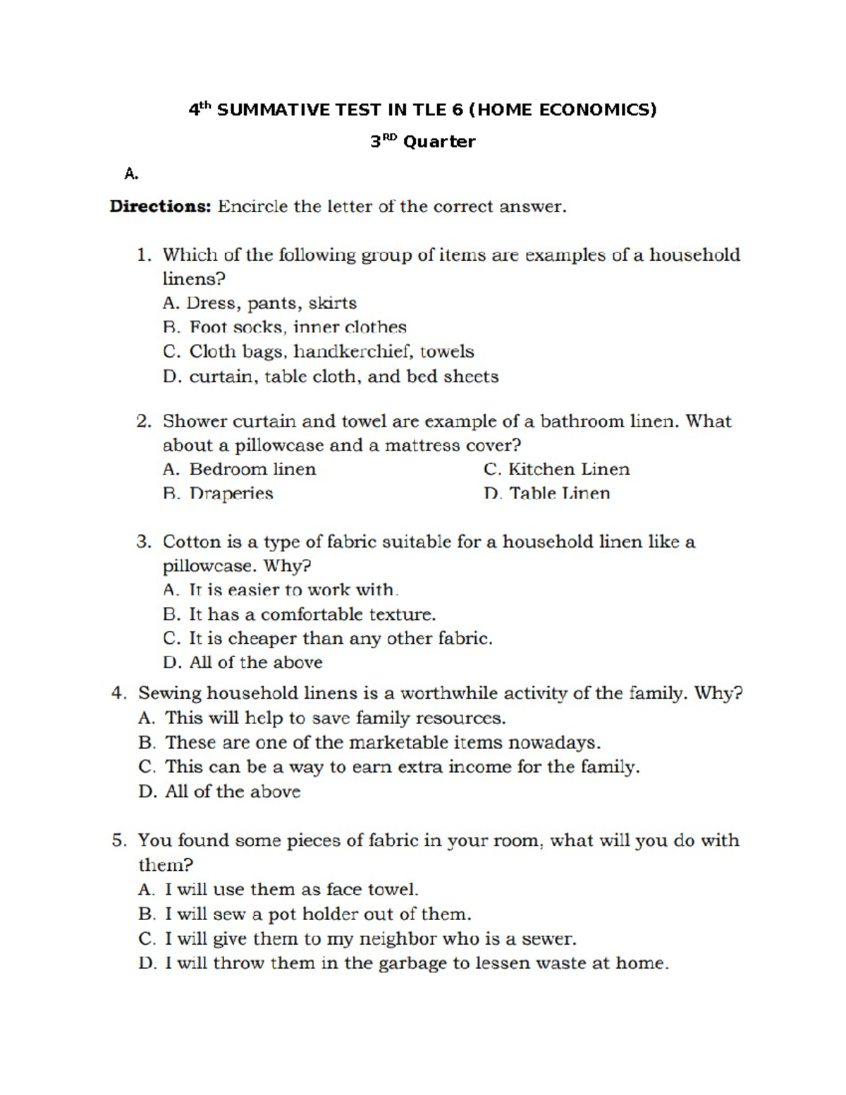 TLE #4 - Sample Summative Test - Bachelor of Elementary Education - 4 ...