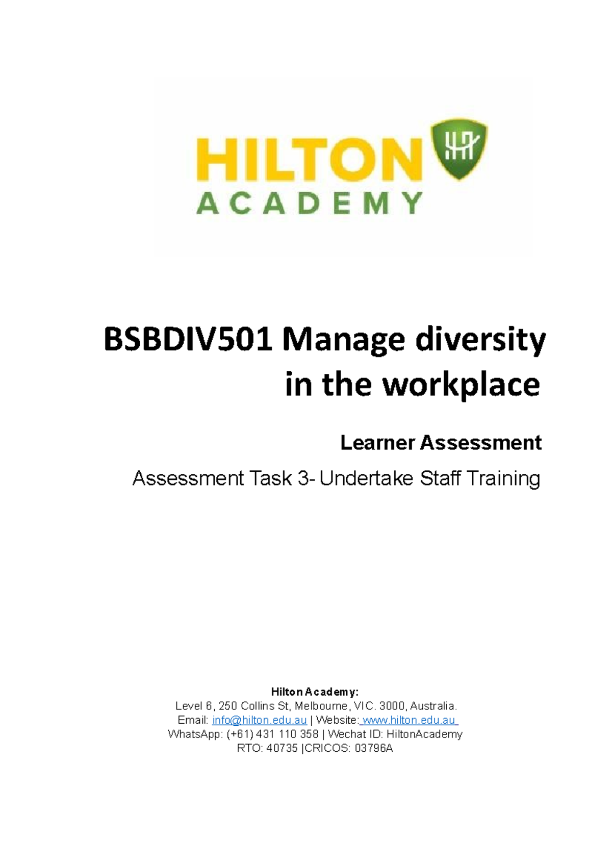 SA.3- Bsbdiv 501 Assessment 3- session plan HA21SN - BSBDIV501 Manage diversity in the workplace ...