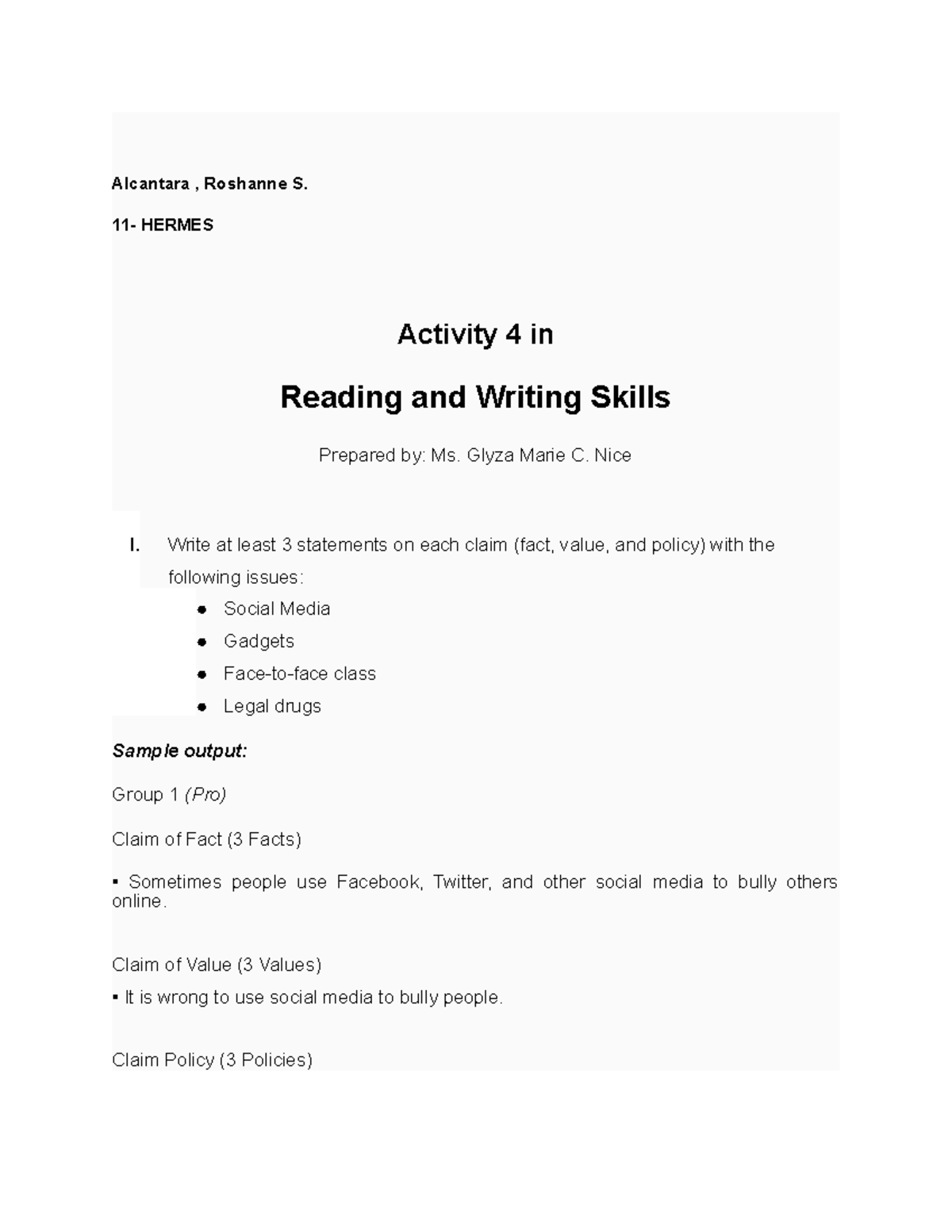 Activity 4- Reading & Writing - Alcantara , Roshanne S. 11- HERMES ...