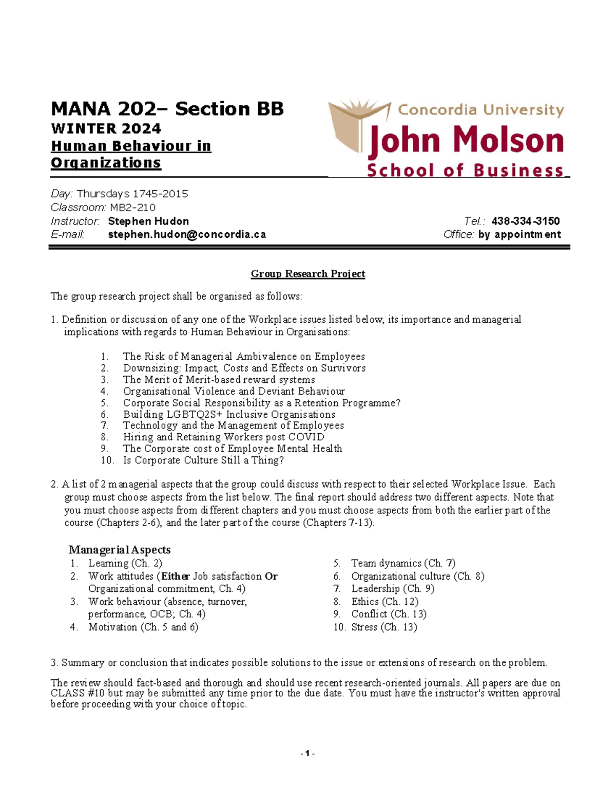 Project MANA 202 BB Winter 2024 Shudon - 1 - MANA 202– Section BB ...