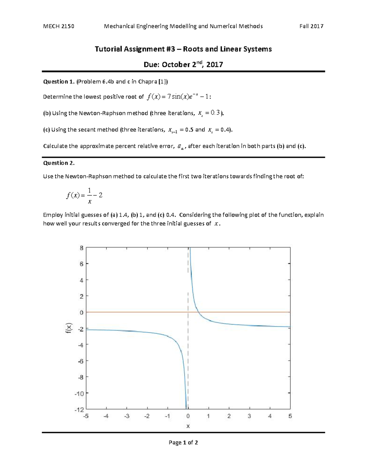 Tutorial Assignment 3 - MECH 2150 Mechanical Engineering Modelling and Numerical Methods - Studocu