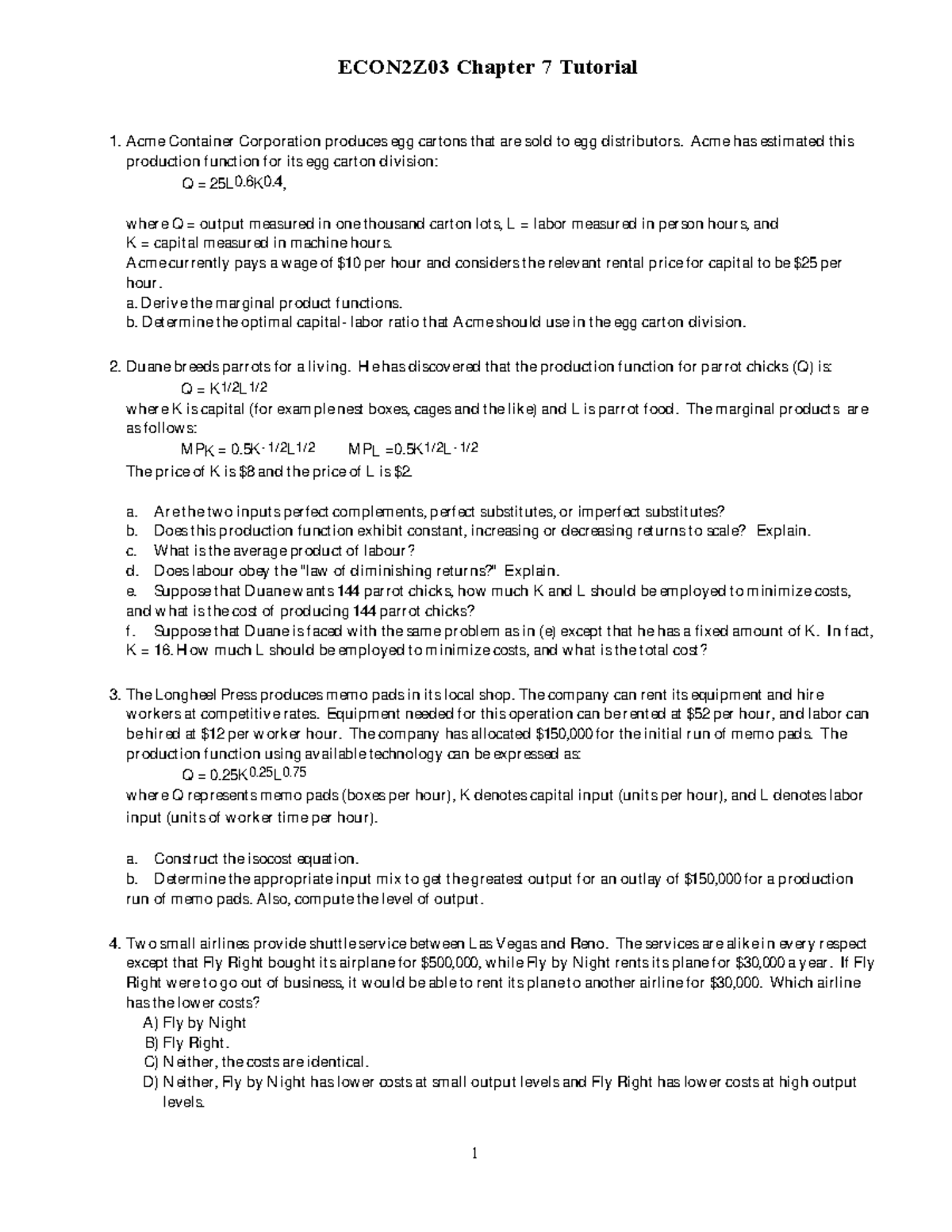 Econ2Z03 Ch07 Tutorial with solution - ECON2Z03 Chapter 7 Tutorial Acme Container Corporation ...