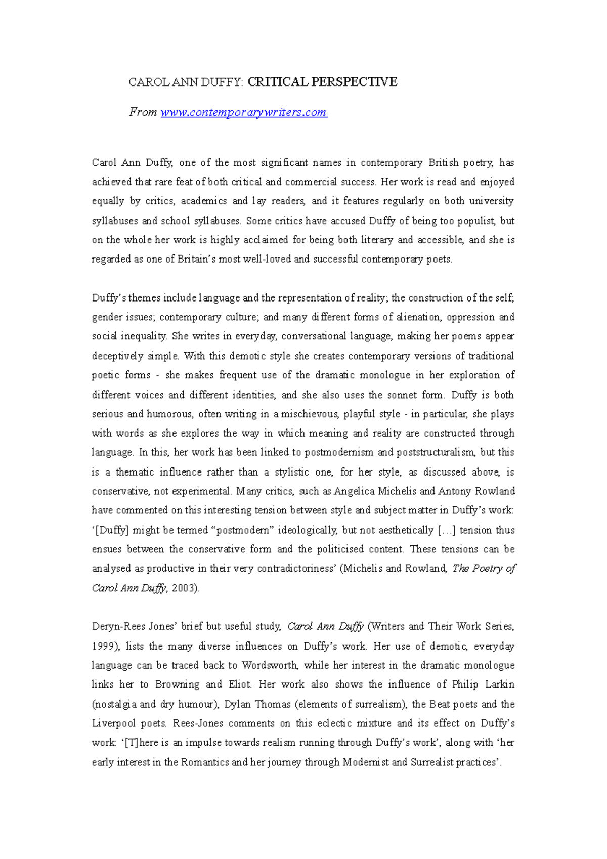 Duffy-critical-perspective - CAROL ANN DUFFY: CRITICAL PERSPECTIVE From ...