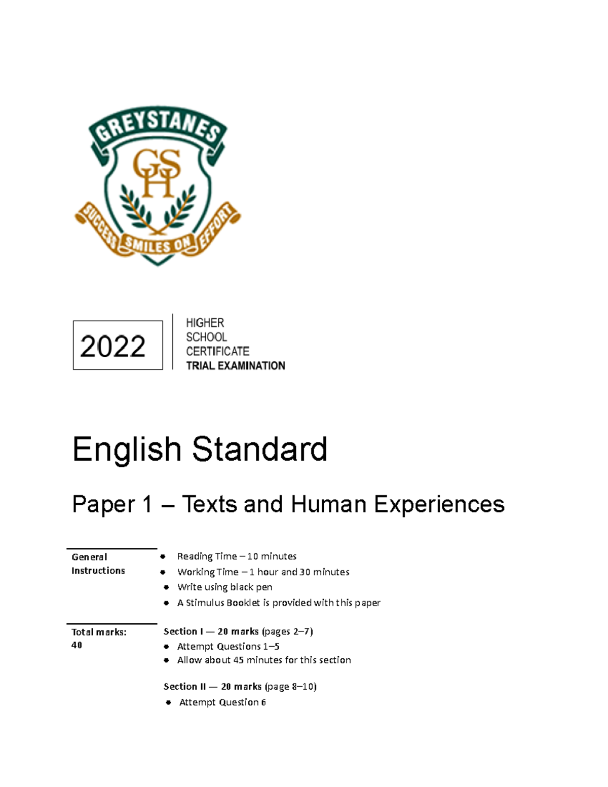 English Standard 2022 Trial Paper - English Standard Paper 1 – Texts ...