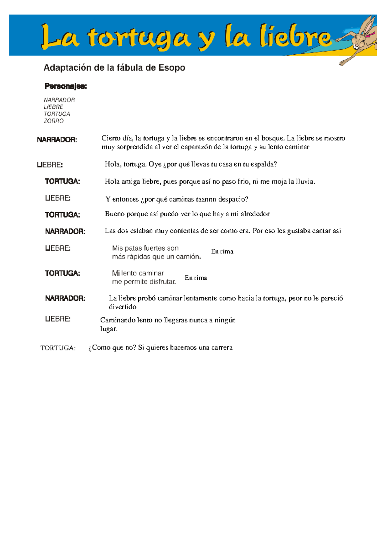 La-tortuga-y-la-liebre. - TORTUGA: Cierto día, la tortuga y la liebre ...