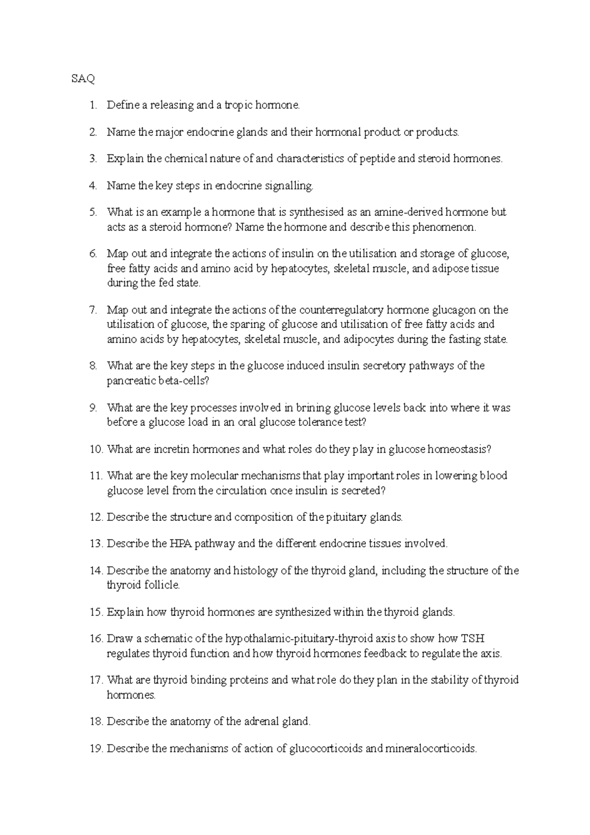 Endocrine System Questions - SAQ Define a releasing and a tropic ...