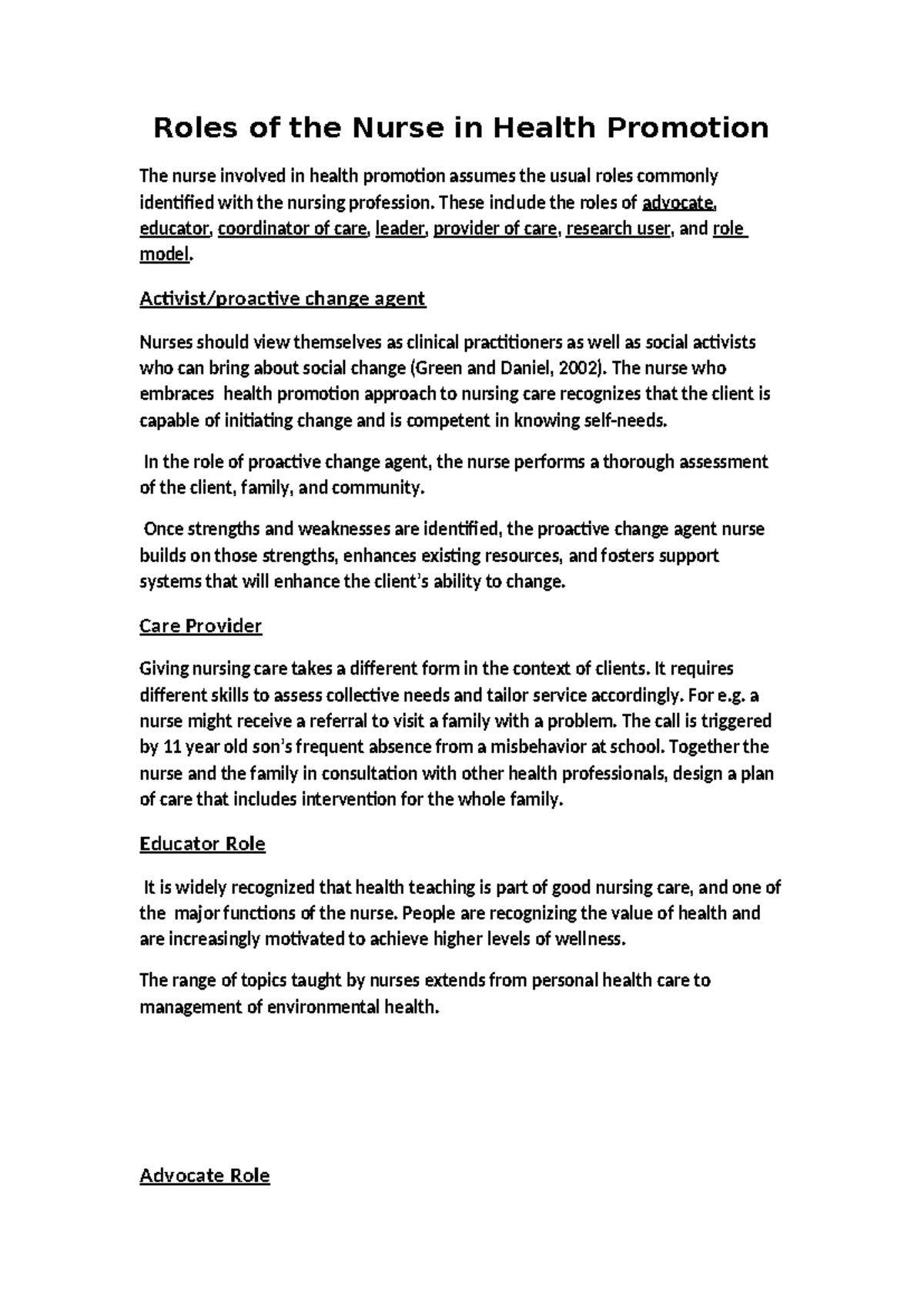 Pubdoc 3 17561 1607 - Roles of the Nurse in Health Promotion The nurse ...