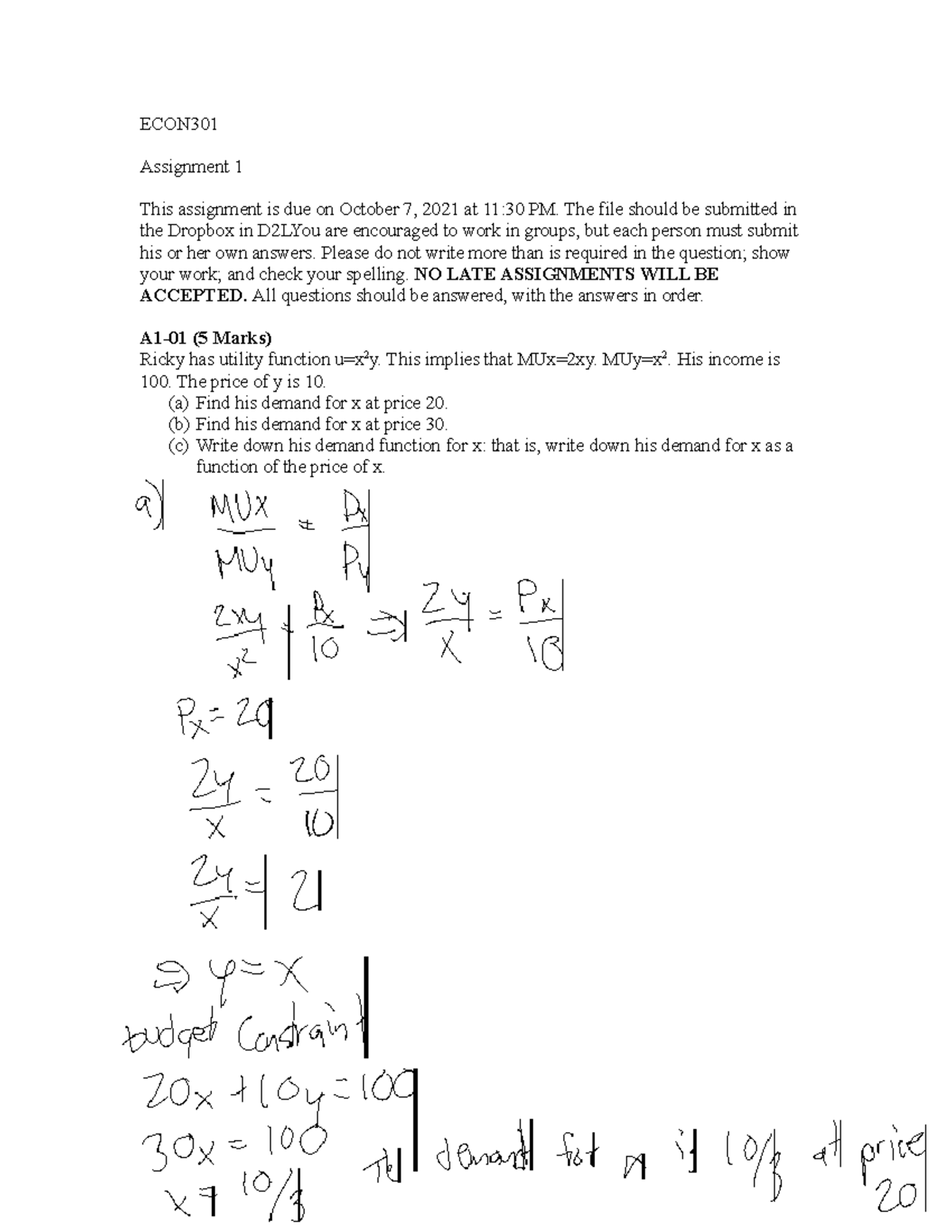 Assignment 1 Econ3012021 F Econ Assignment 1 This Assignment Is Due On October 7 2021 At 11