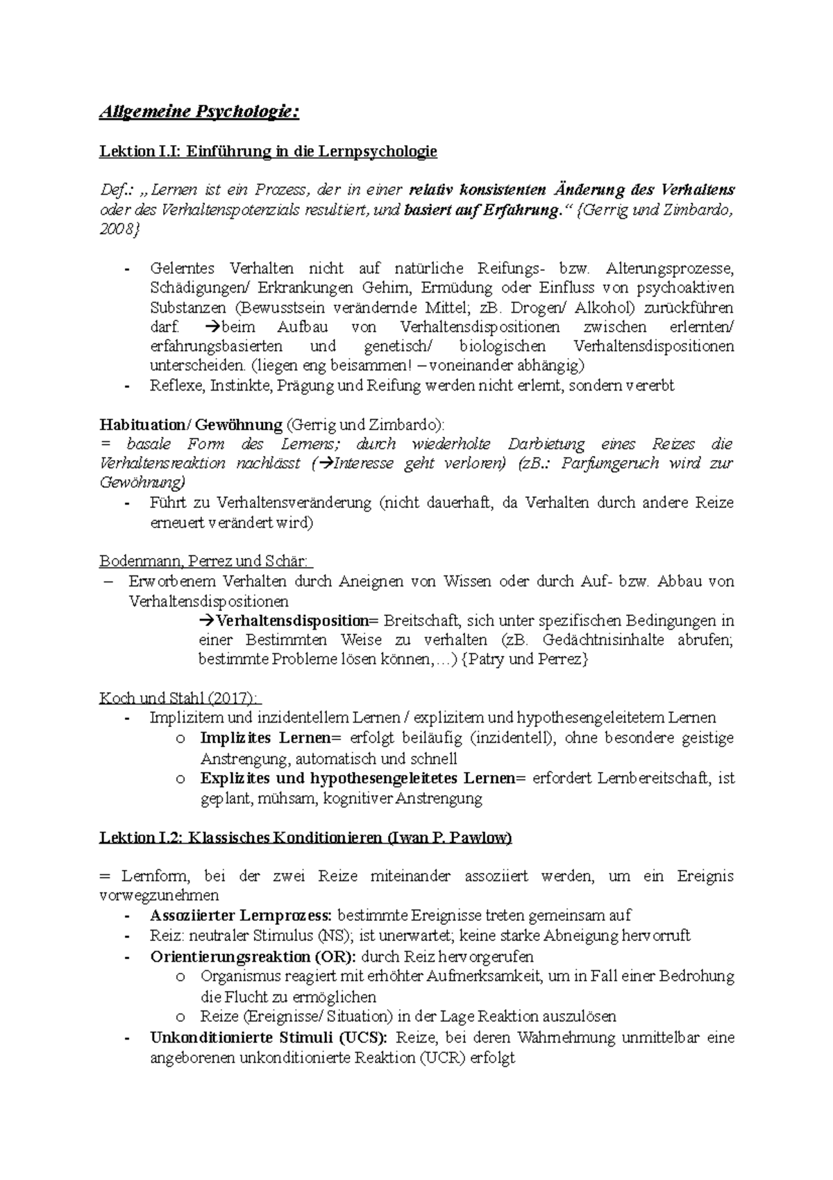 Allgemeine Psychologie-ZF - Allgemeine Psychologie: Lektion I: Einführung in die Lernpsychologie ...