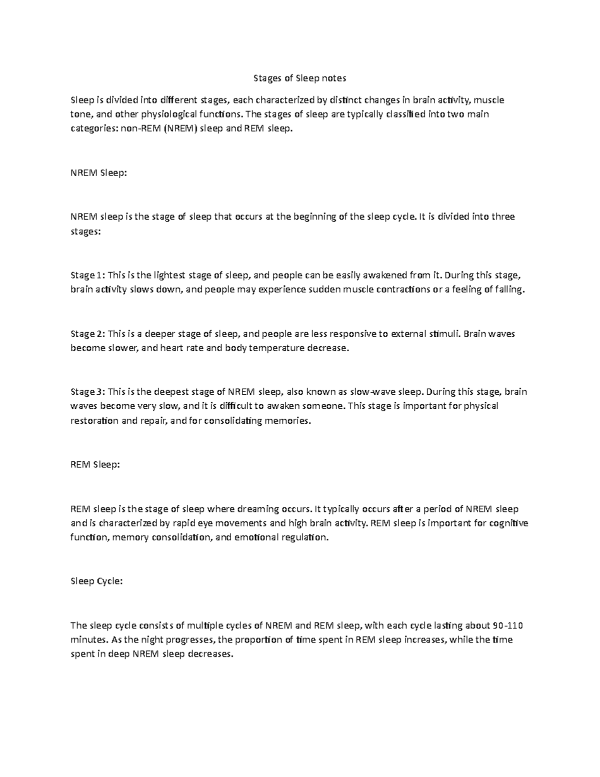 Stages of Sleep notes - Sleep is divided into different stages, each ...