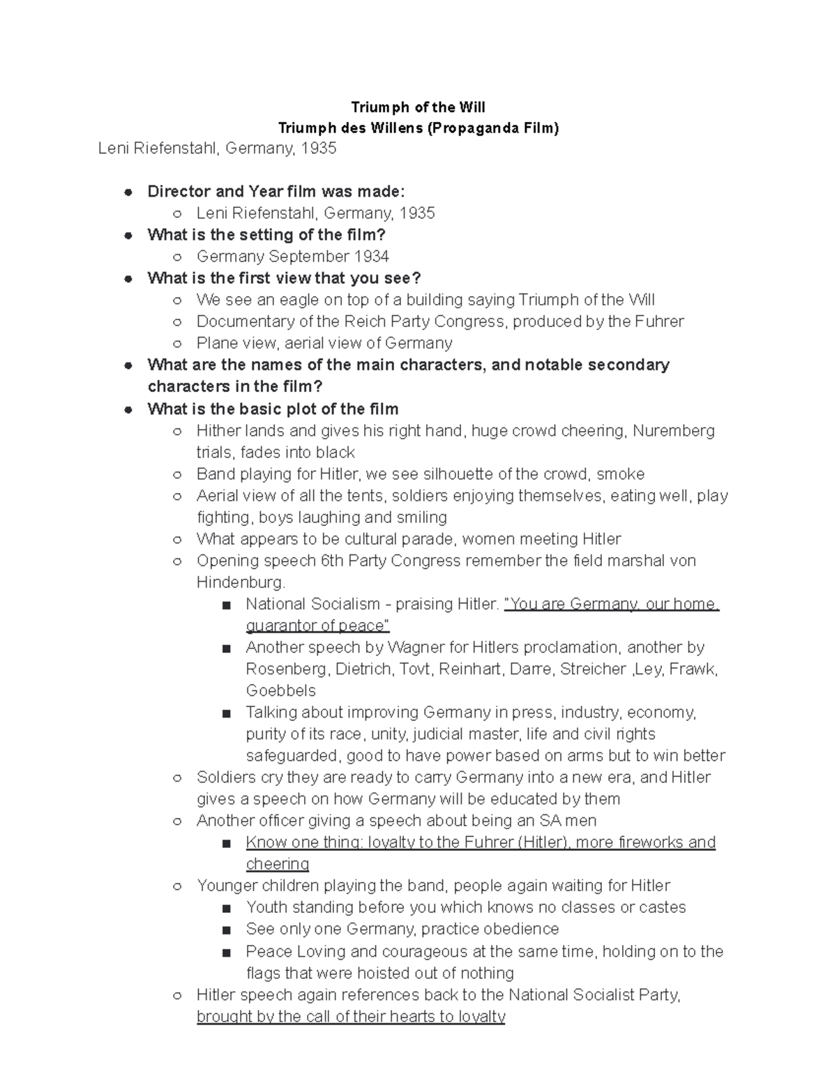 Triumph of the Will - notes - Triumph of the Will Triumph des Willens ...