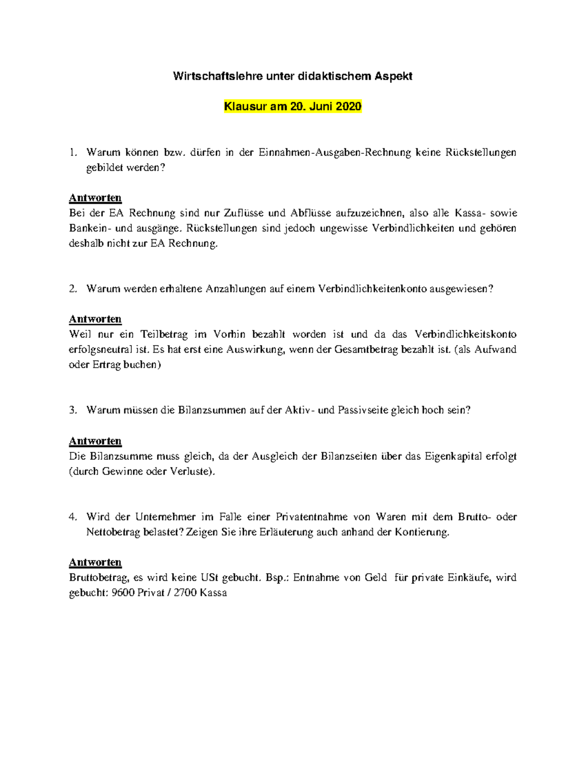 Klausur 20 Juni 2020 - Warning: TT: undefined function: 32 Wirtschaftslehre unter didaktischem ...