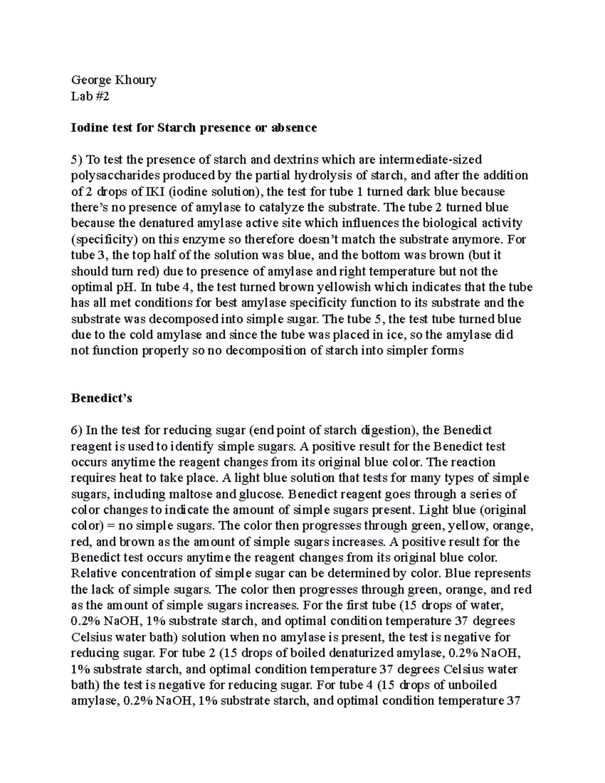 Experiment 2 lab report - George Khoury Lab # Iodine test for Starch ...