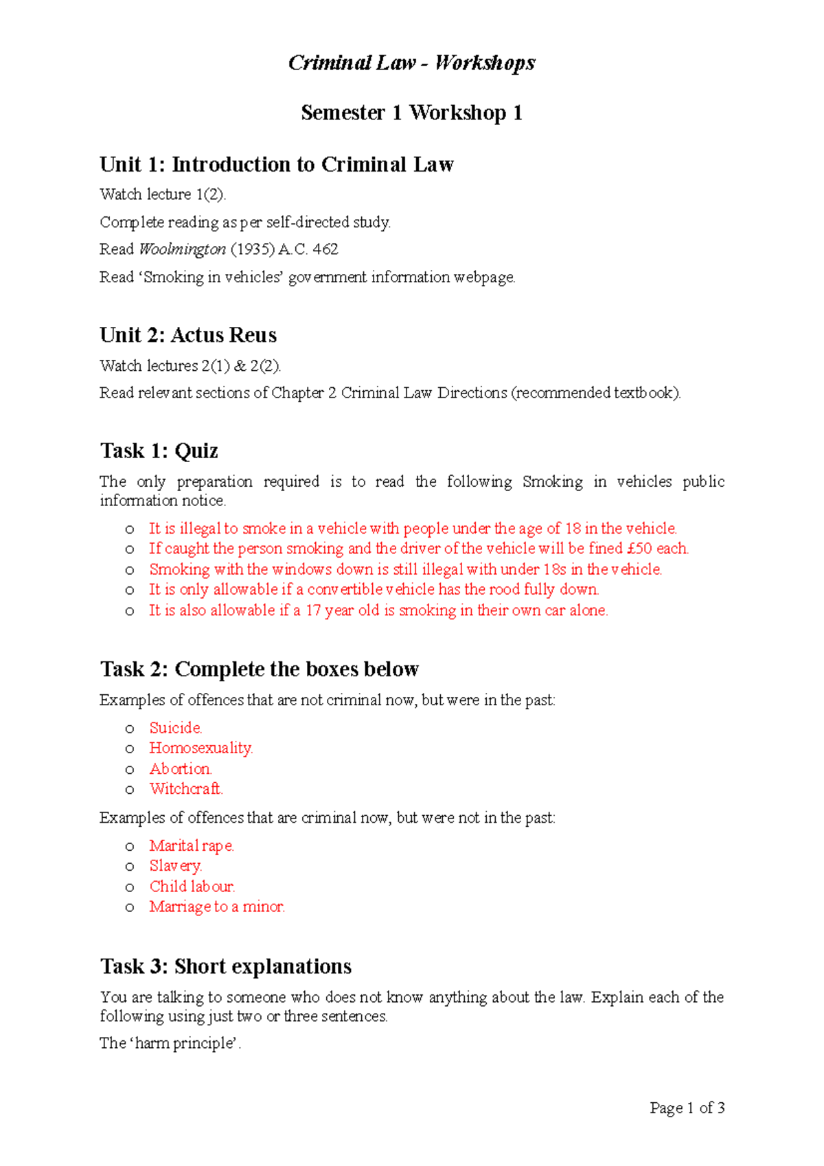 Criminal Law workshop - Criminal Law - Workshops Semester 1 Workshop 1 Unit 1: Introduction to ...