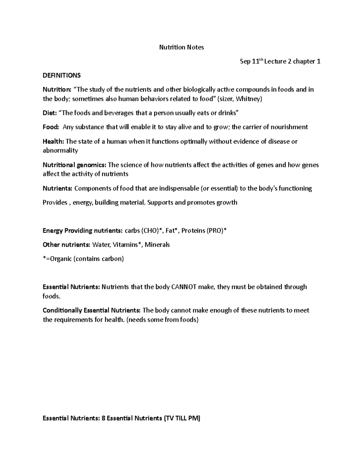 Nutrition Notes cp 1-2 - Nutrition Notes Sep 11th Lecture 2 chapter 1 ...