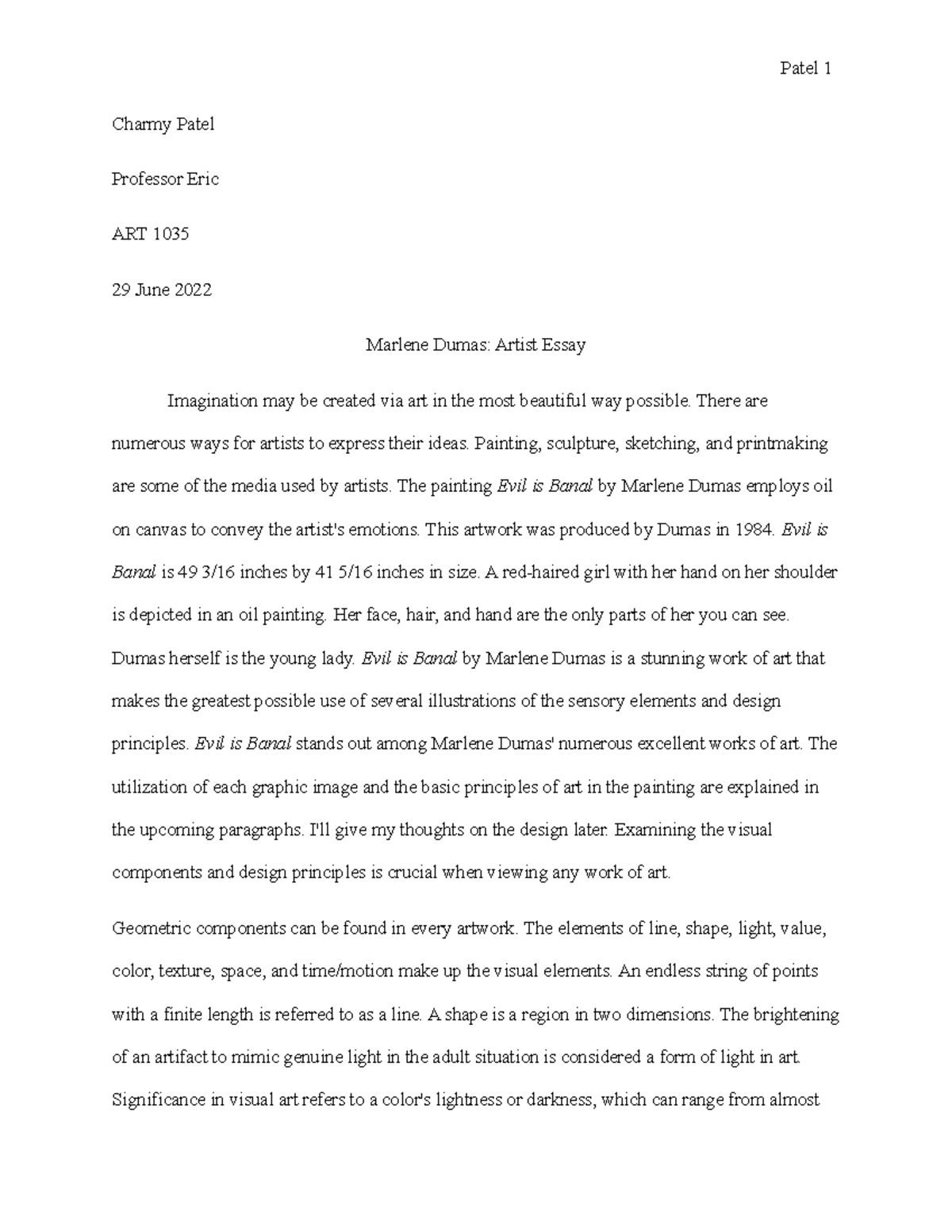 Artist Essay Art week 1 - Charmy Patel Professor Eric ART 1035 29 June ...