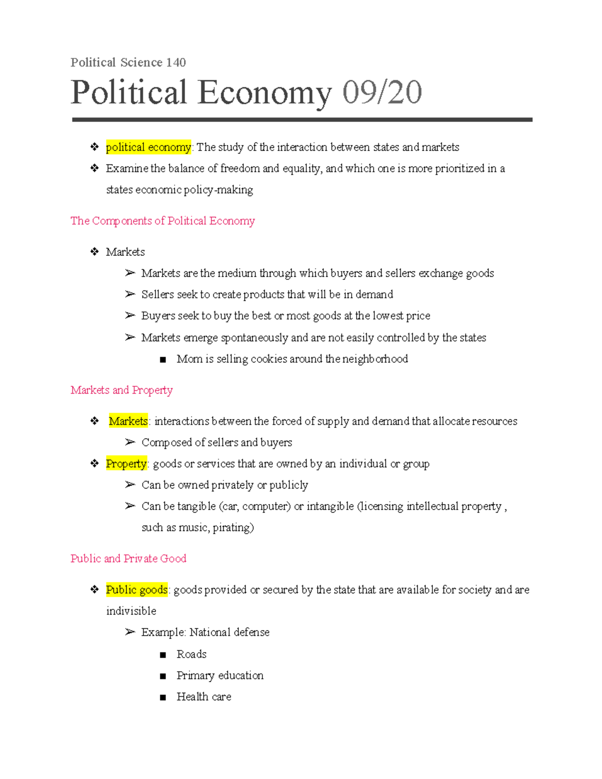 Class notes - Political Science 140 Political Economy 09/ political ...