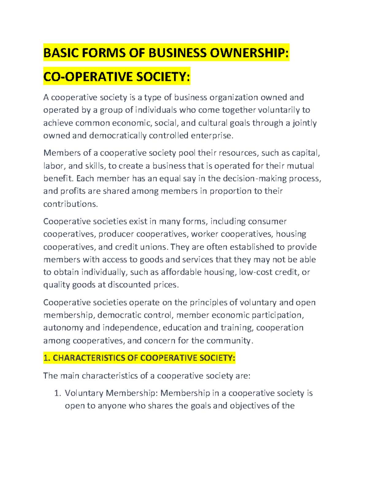Cooperative Societies - BASIC FORMS OF BUSINESS OWNERSHIP: CO-OPERATIVE ...