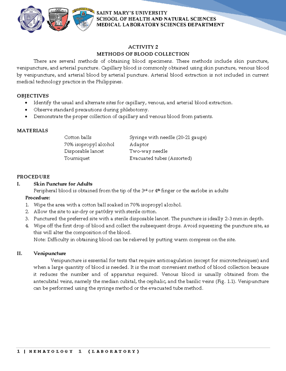 #2 Methods OF Blood Collection-2 - SCHOOL OF HEALTH AND NATURAL ...