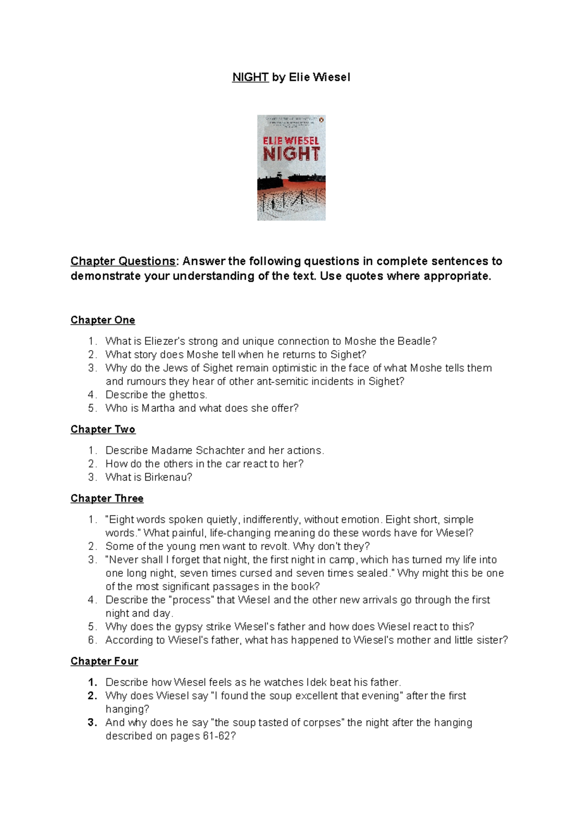 Night chapter questions - NIGHT by Elie Wiesel Chapter Questions ...