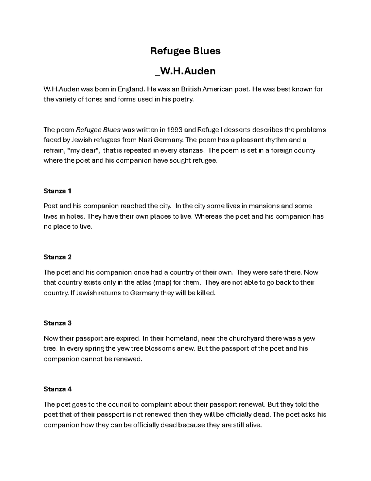 Document (12) - summary of english chapters - Refugee Blues _W.H W.H ...