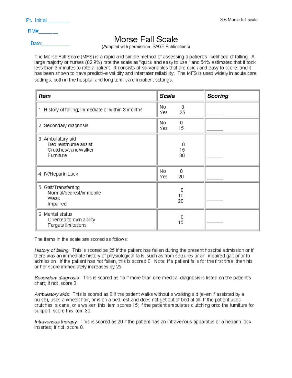 Morse Fall Scale updated - S Morse fall scale Morse Fall Scale (Adapted ...