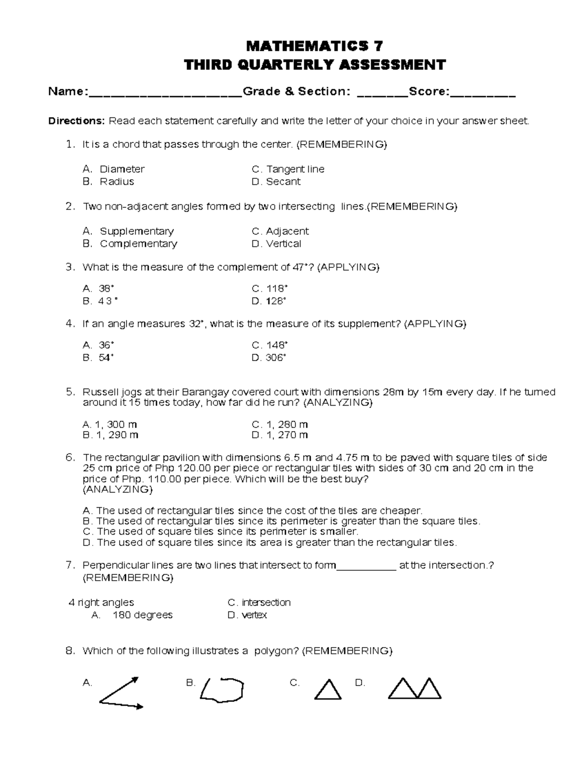 EXAM, Grade 7 Q3, Carnaje - MATHEMATICS 7 THIRD QUARTERLY ASSESSMENT ...