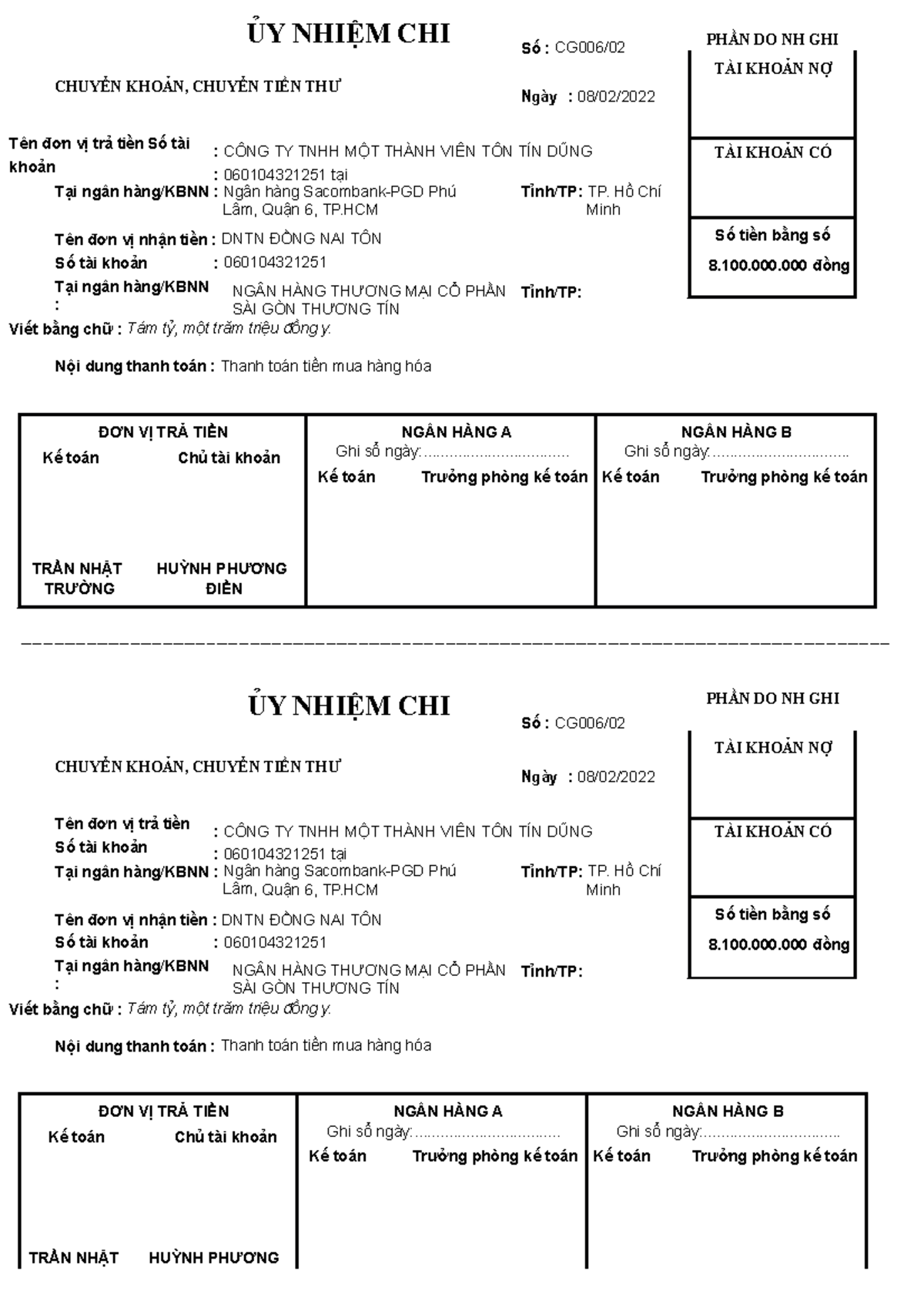UNC 4 - dffgh - ỦY NHIỆM CHI Số : CG006/ PHẦN DO NH GHI CHUYỂN KHOẢN ...