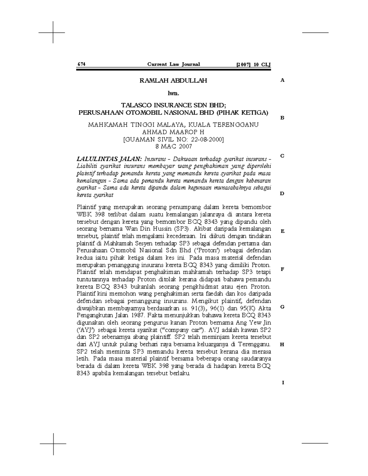 2007 - Ramlah Abdullah v Talasco Insurance Sdn Bhd & Proton (Pihak ...